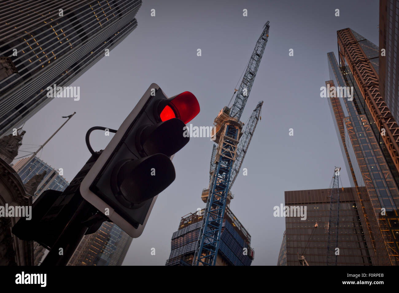 Construction site in central London with red traffic light Stock Photo ...