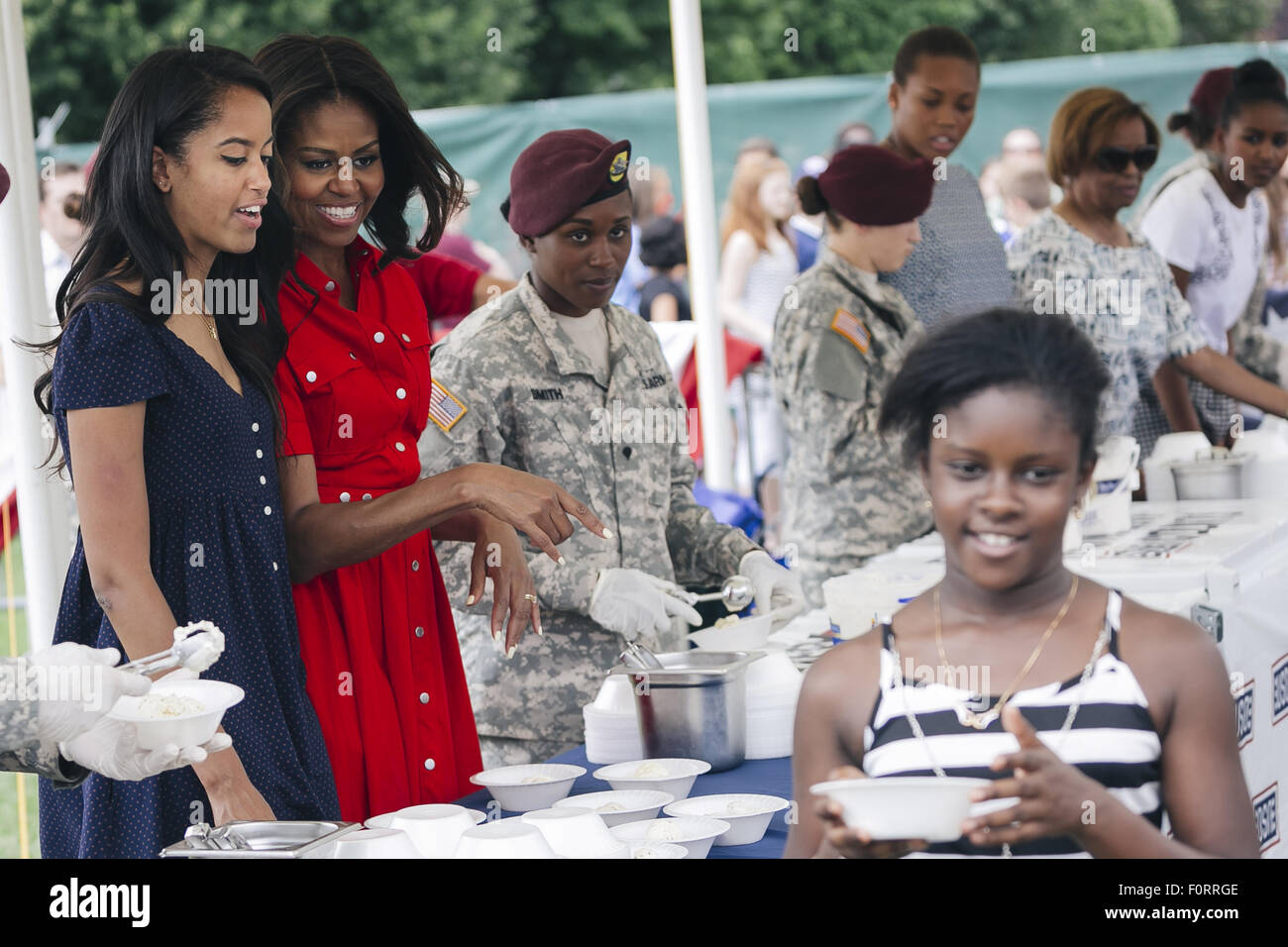 First Lady Michelle Obama and family at Village Camp Ederle during ...