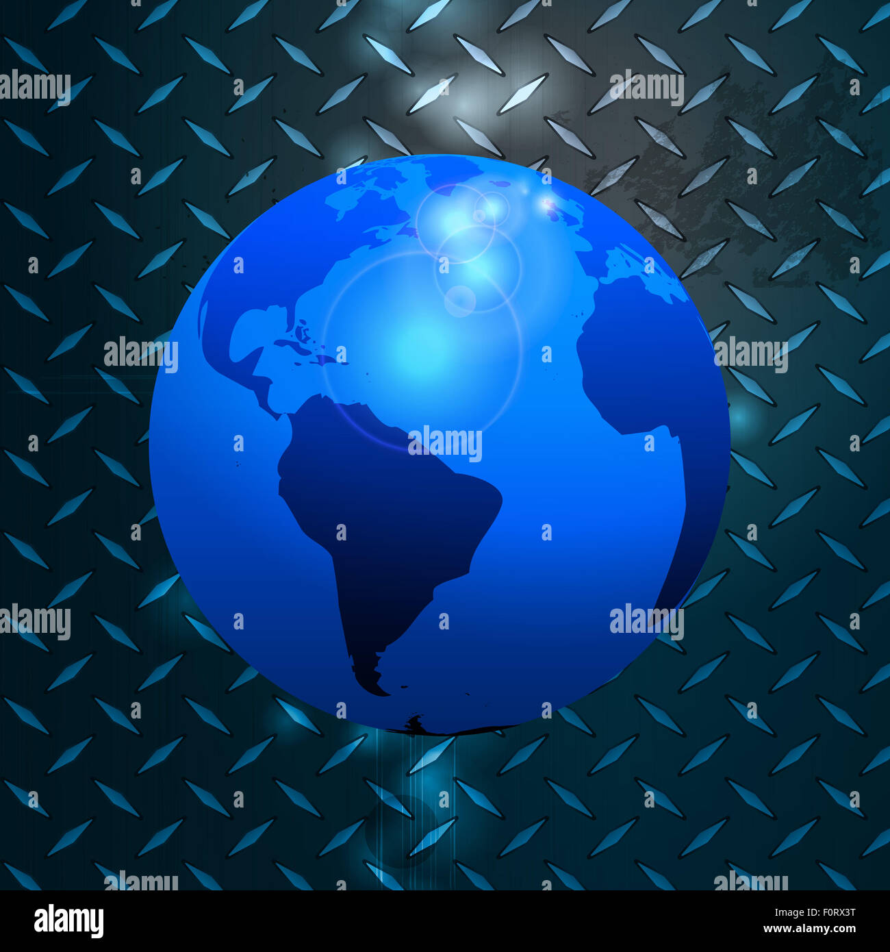World Globe Over Glowing Blue Metallic Diamond Plate Stock Photo - Alamy