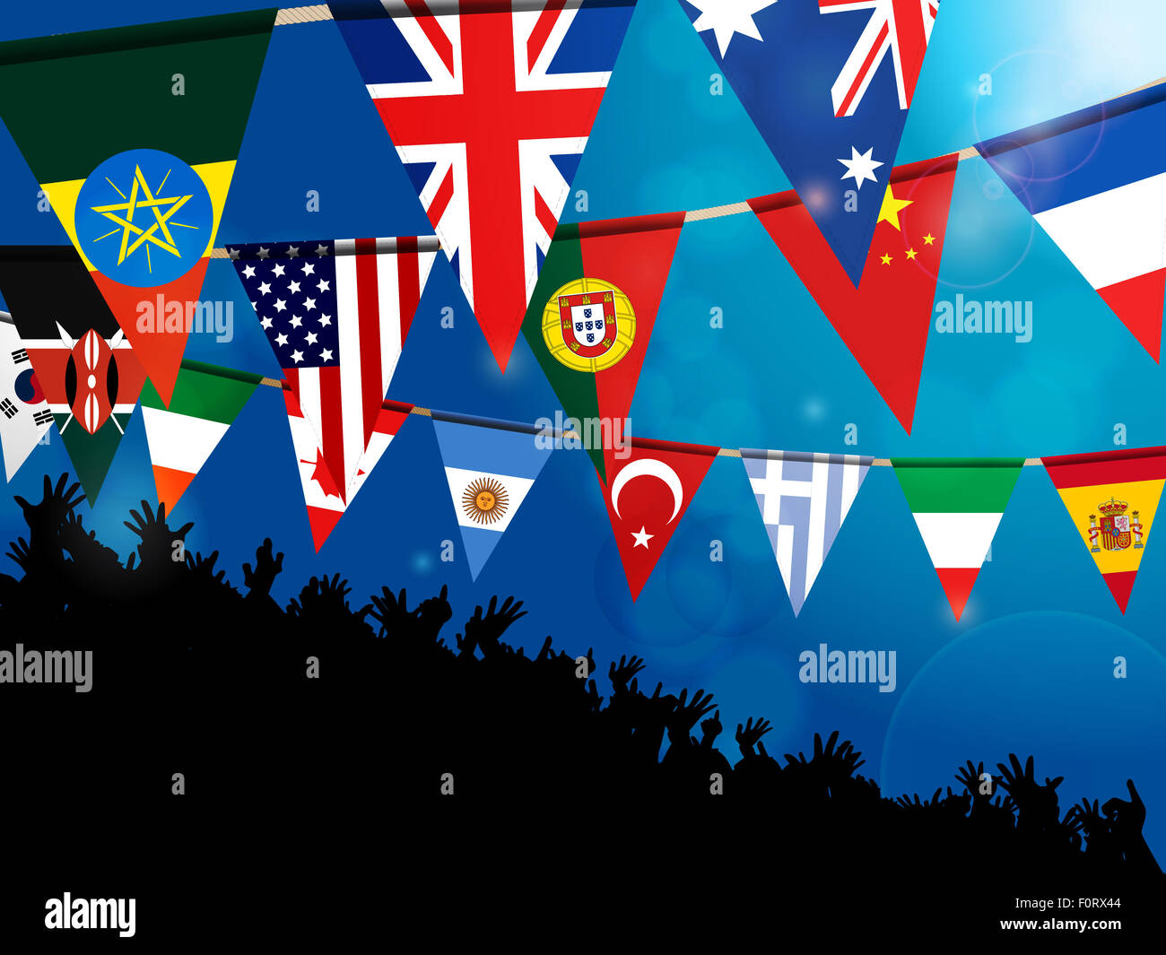 World Bunting Flags Over Glowing Blue Background with Crowd Stock Photo ...
