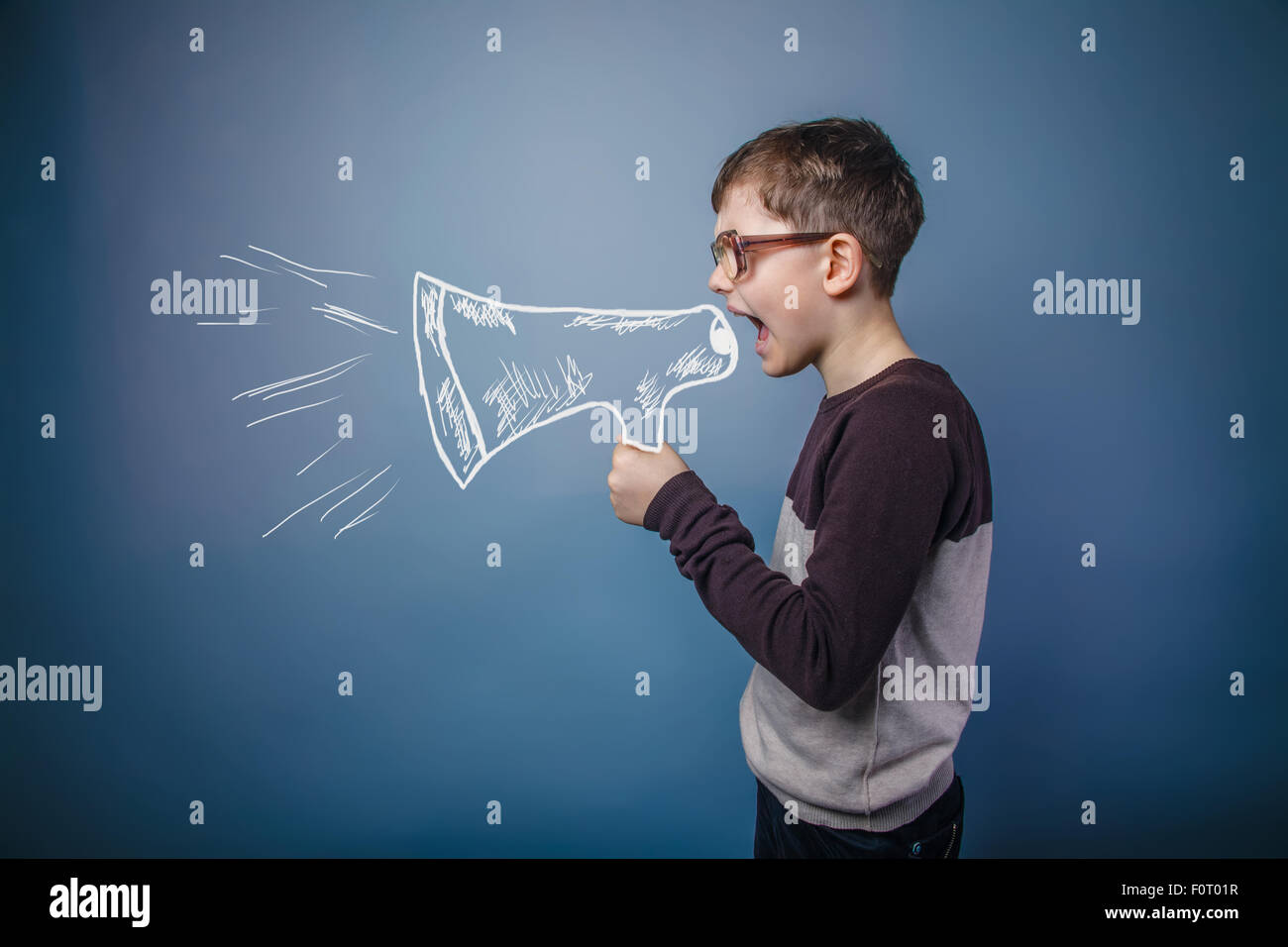 Teenage boy shouting through a megaphone loudspeaker infographic Stock ...