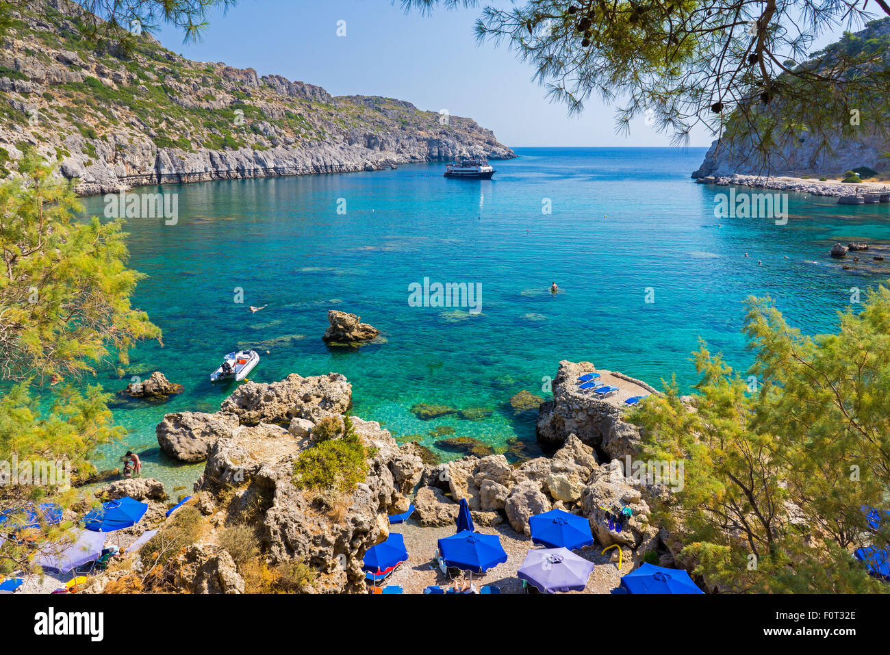 Overlooking the beautiful beach at Anthony Quinn Bay Rhodes Greece ...