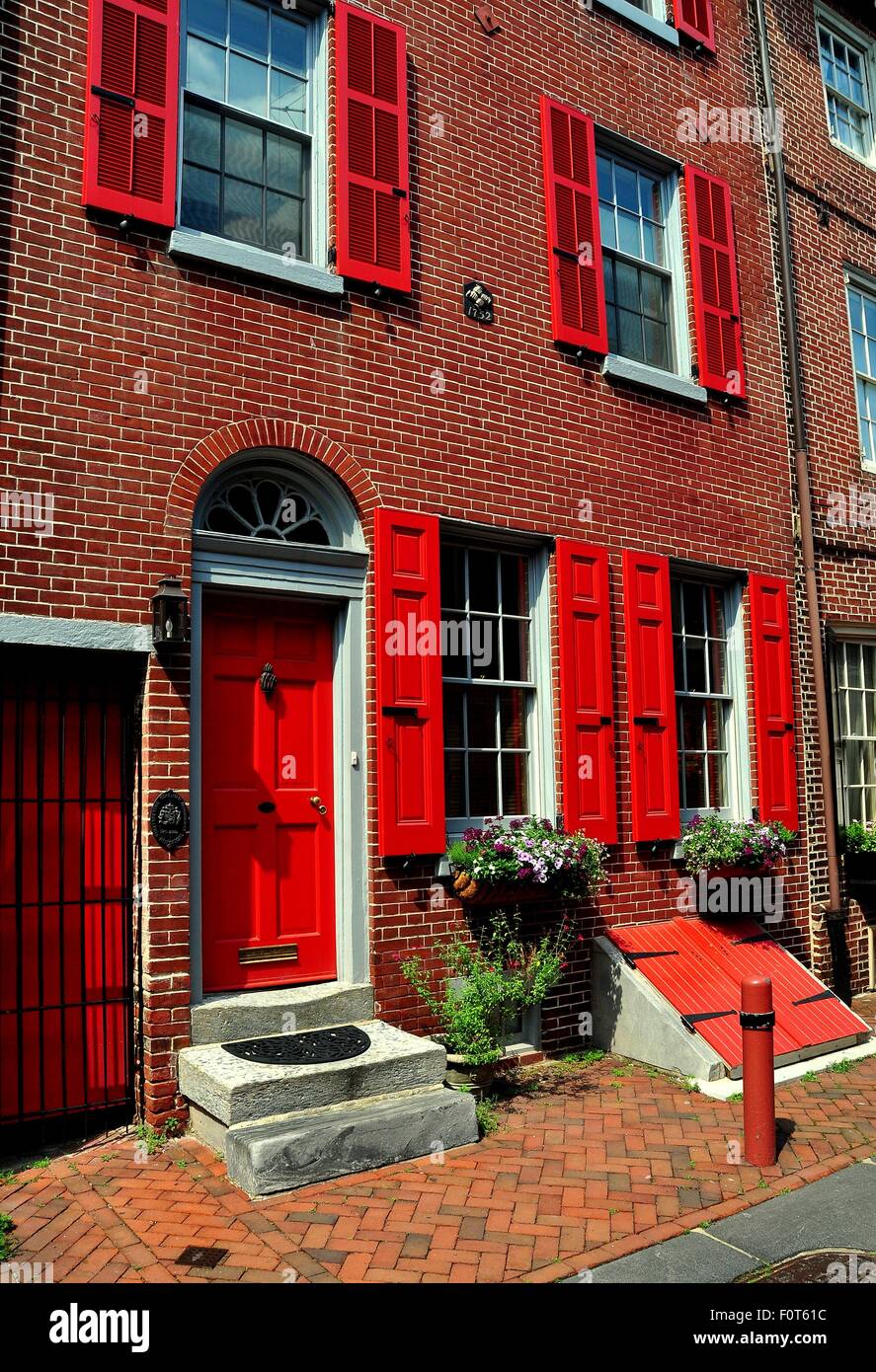 Philadelphia, Pennsylvania: 18th century colonial brick home with red ...