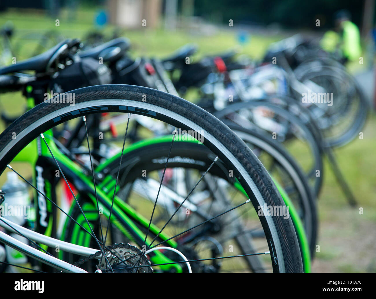 Bicycles on a rack at a cycling event Stock Photo - Alamy