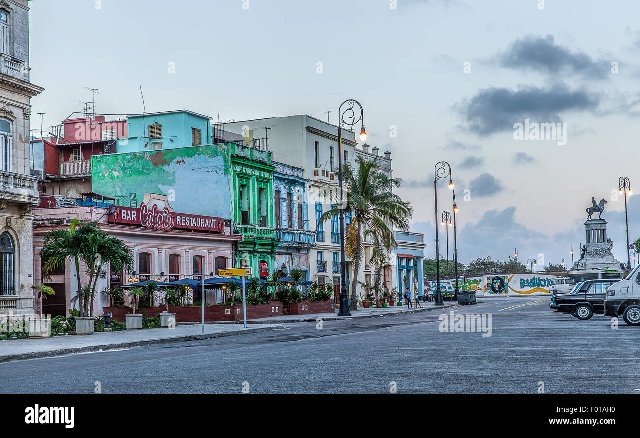 Bright coloured pastel shaded buildings in the Malecon Havana Cuba in ...
