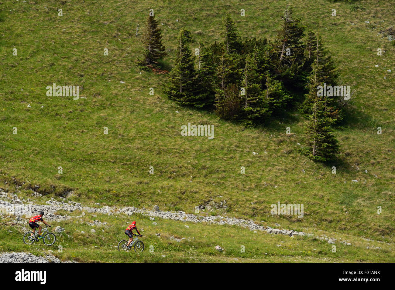 Bicyclists / mountain bikers in a long distance race with goal being ...