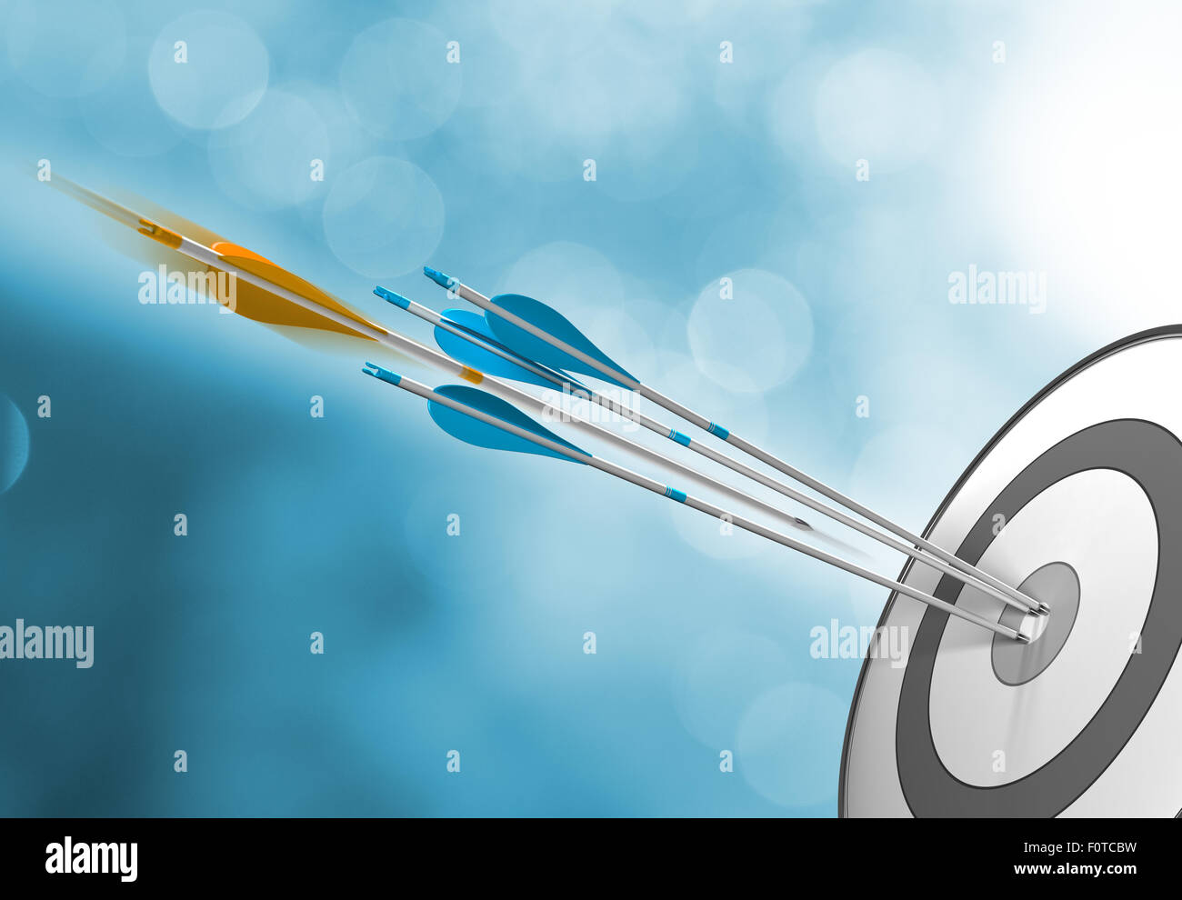 Three blue arrows hitting target center plus an orange one in motion ...
