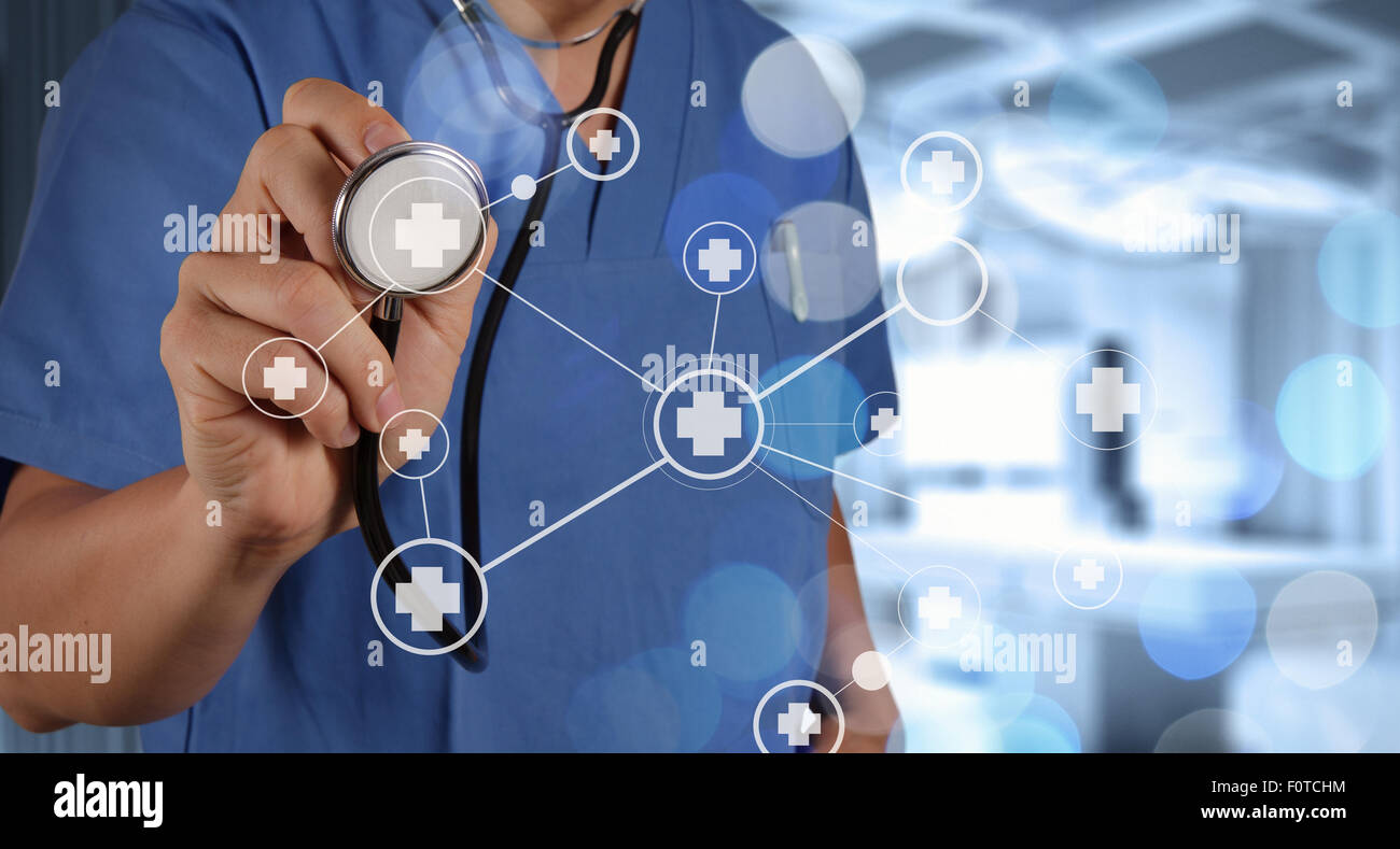 Medicine doctor hand working with modern computer interface as medical ...