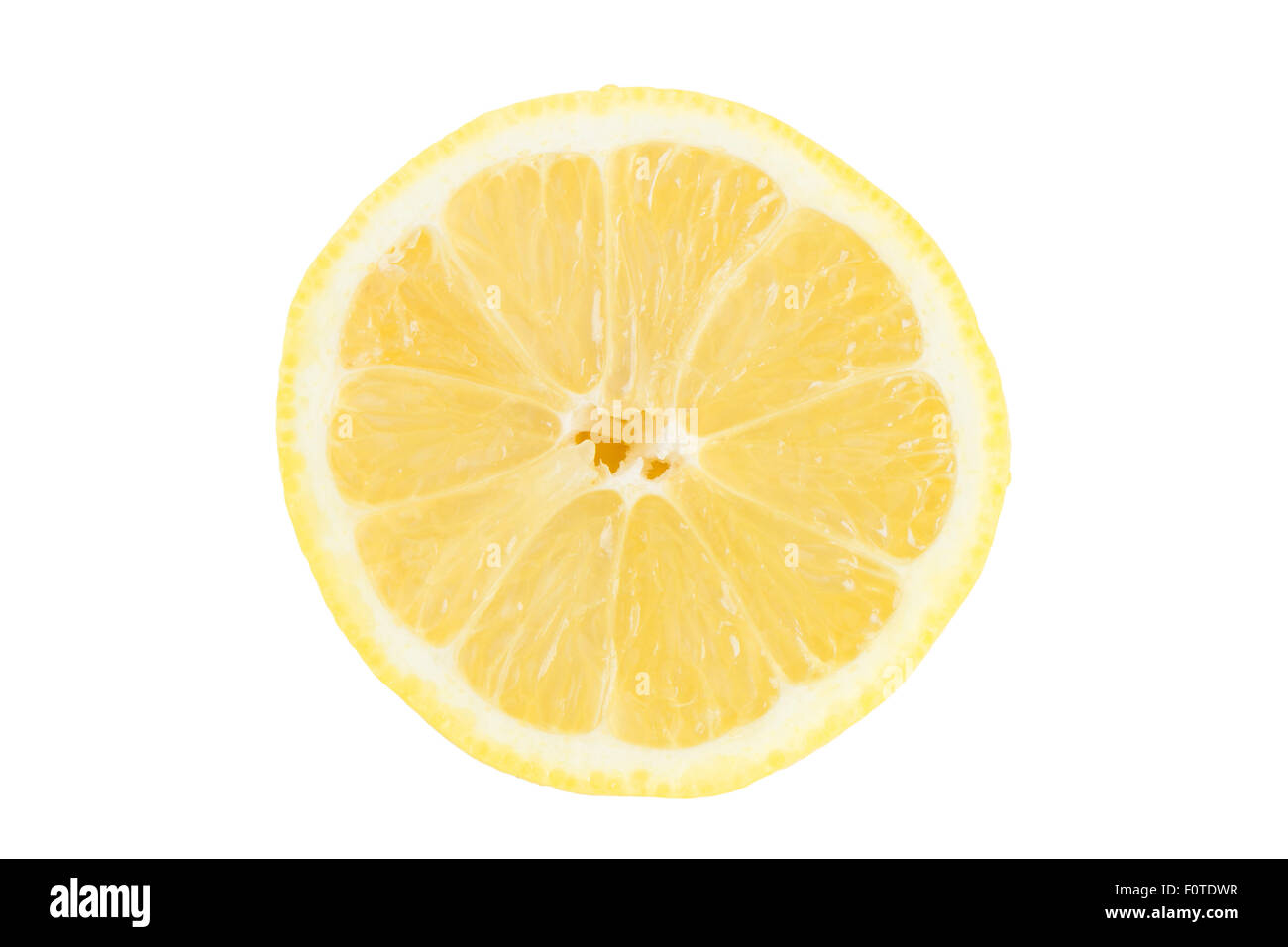 Close-up of a sliced lemon viewed from the front, isolated on white ...