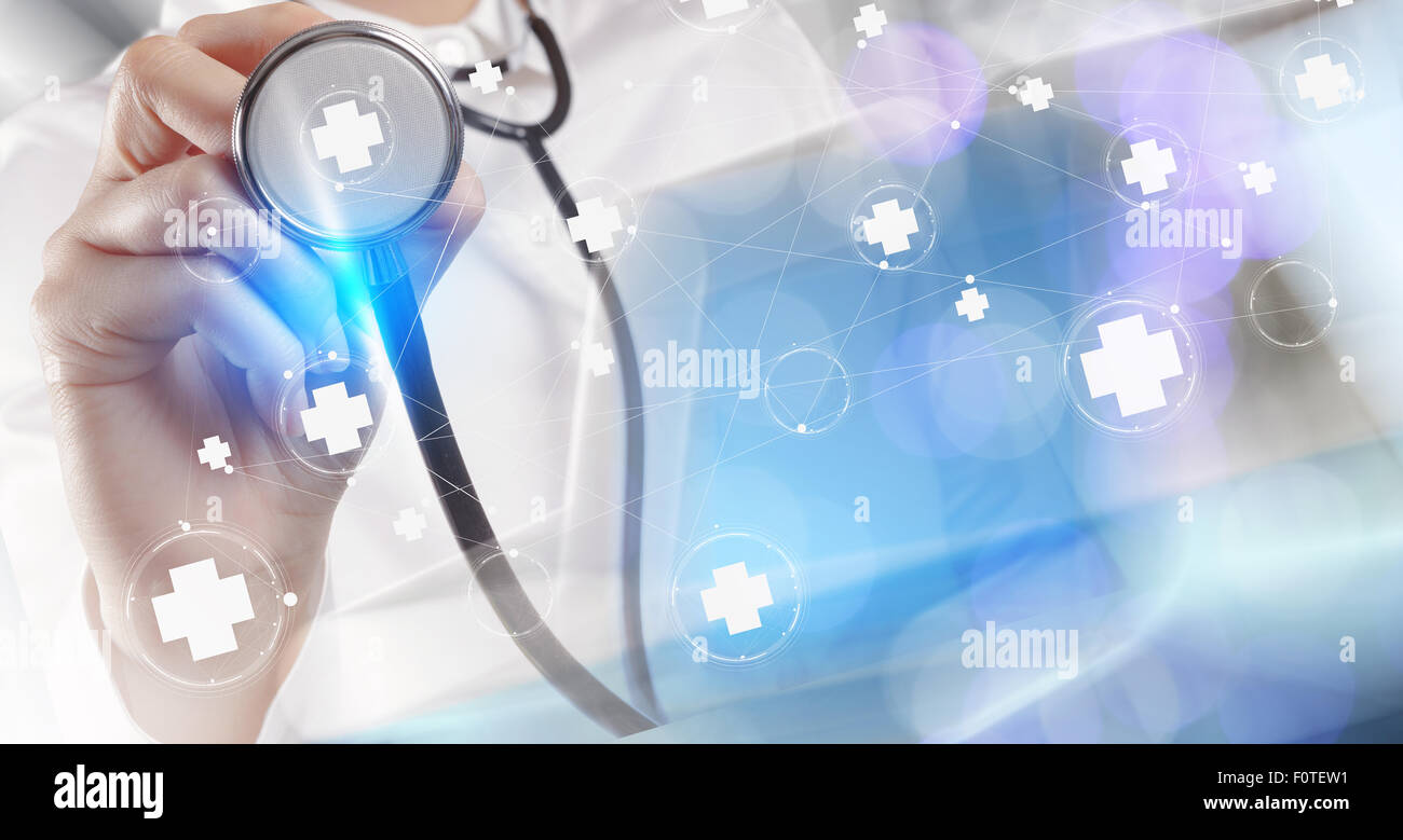 Medicine doctor hand working with modern computer interface as medical ...