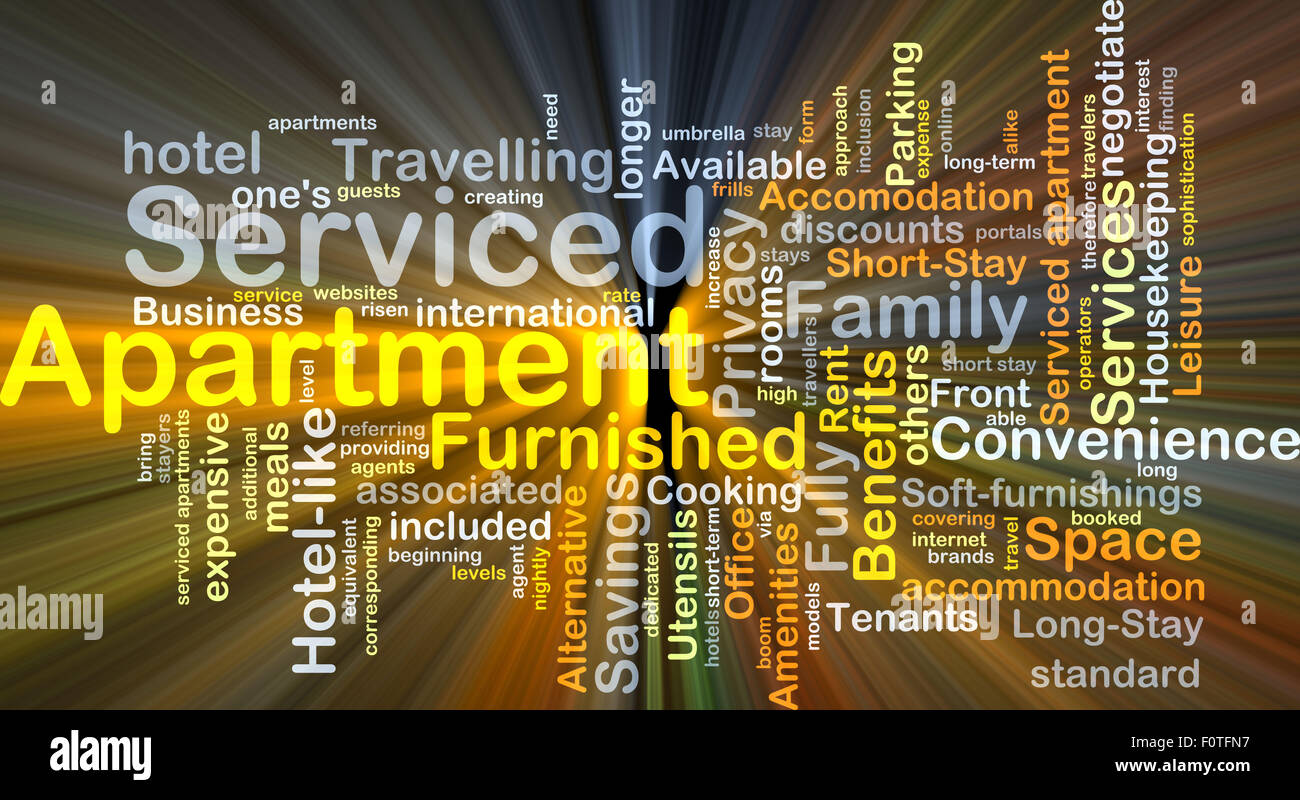 Background concept wordcloud illustration of service apartment glowing ...