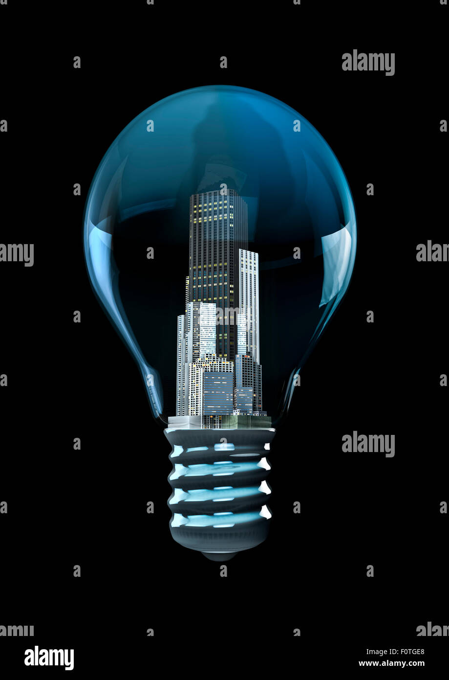 City bulb, 3D render of light bulb with modern buildings inside Stock ...