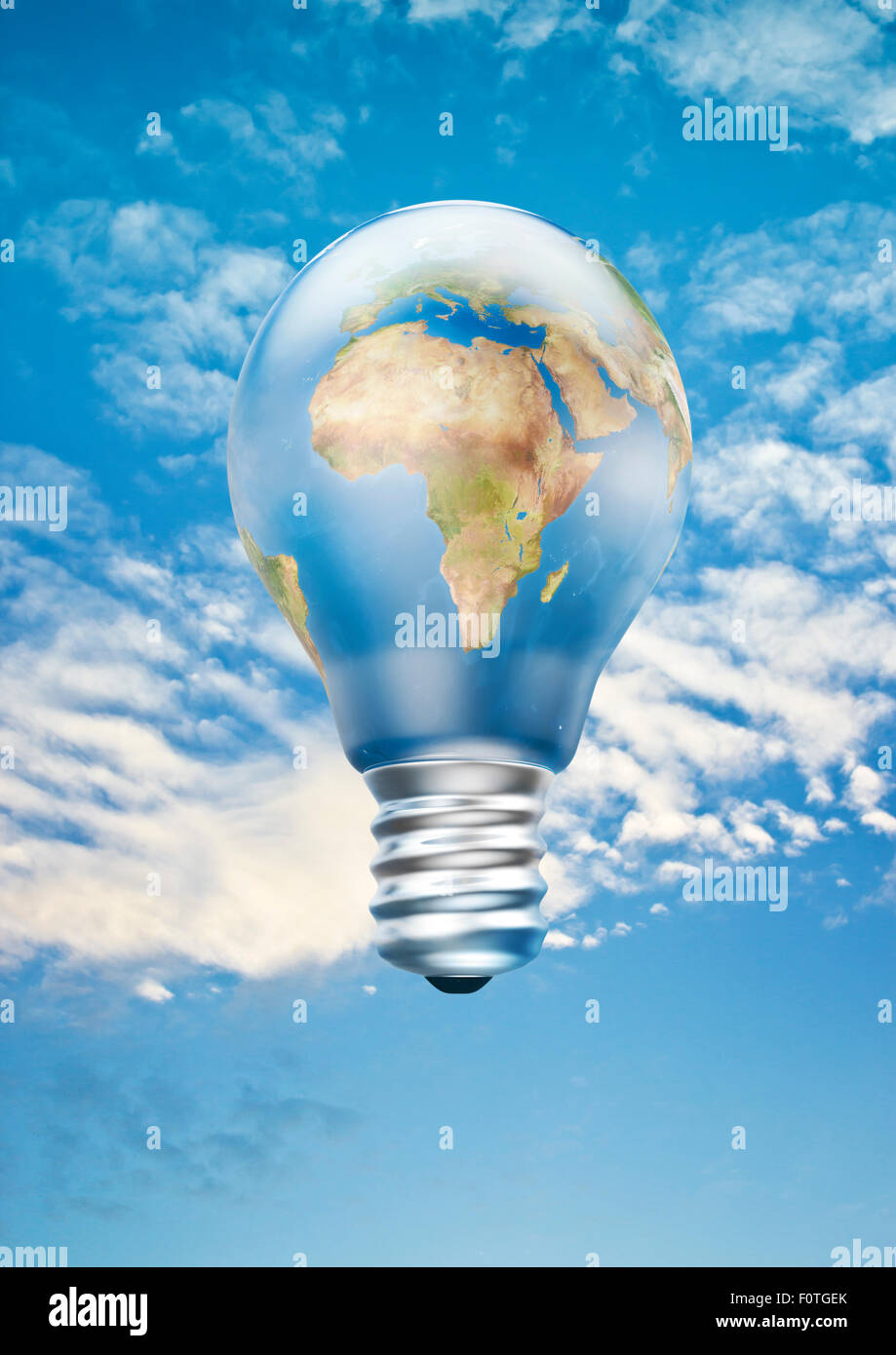 Earth bulb, 3D render of planet Earth lightbulb in the sky Stock Photo ...