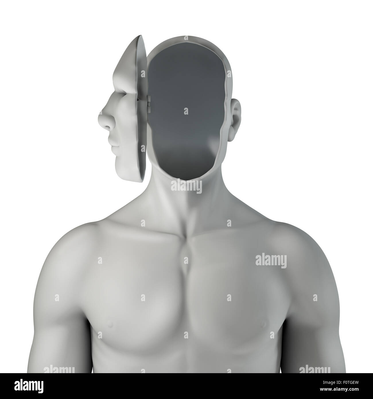 Headcase, 3D render of of male figure with face open showing emptiness ...
