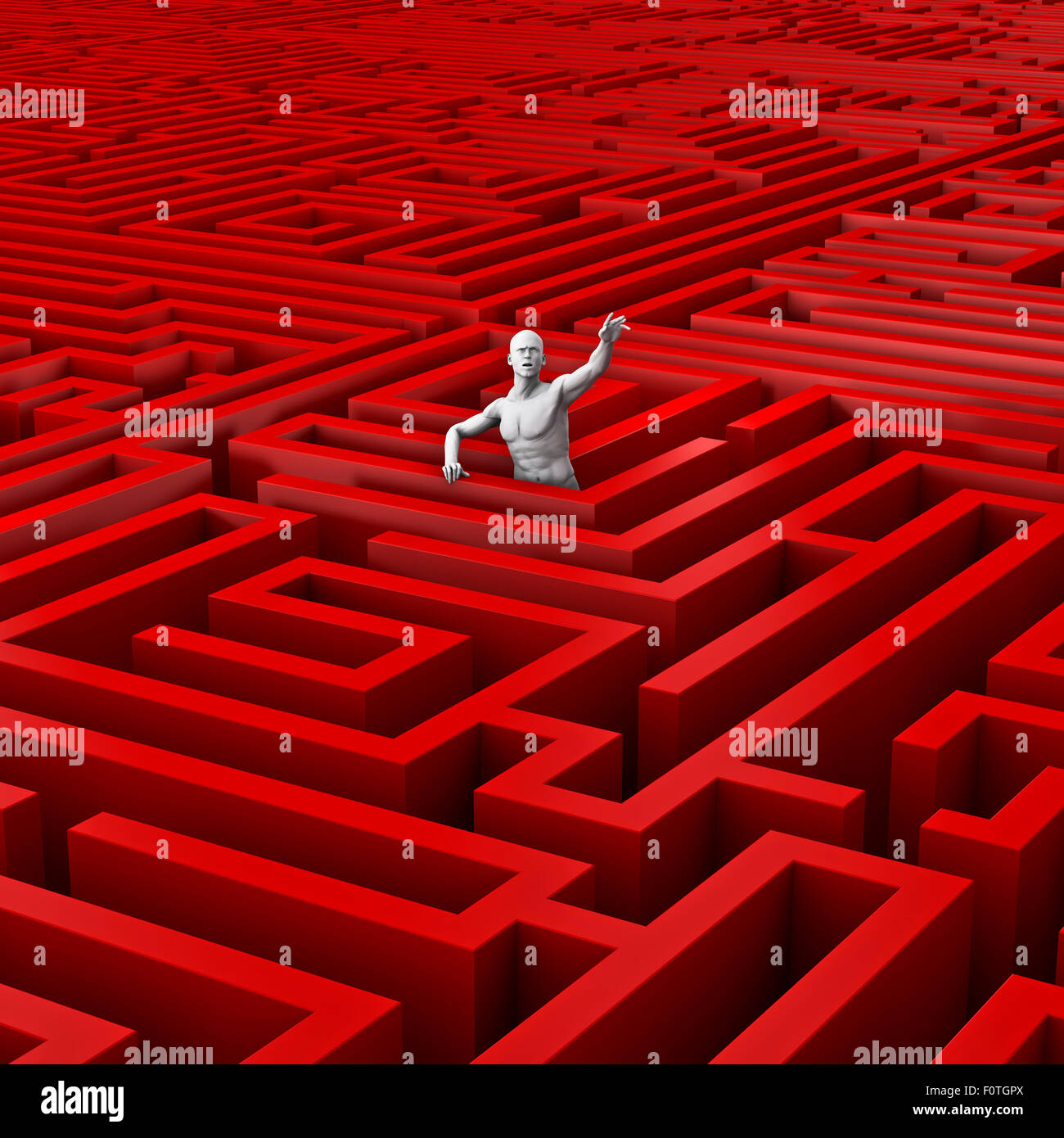 Trapped in the maze, 3D render of male figure trapped in vast maze ...