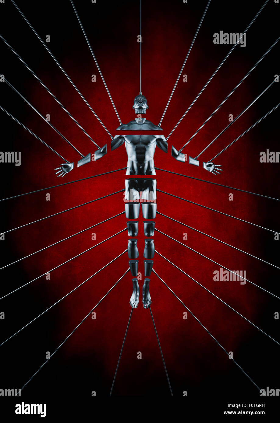 Slice of life, conceptual 3D render of dissected male figure suspended ...