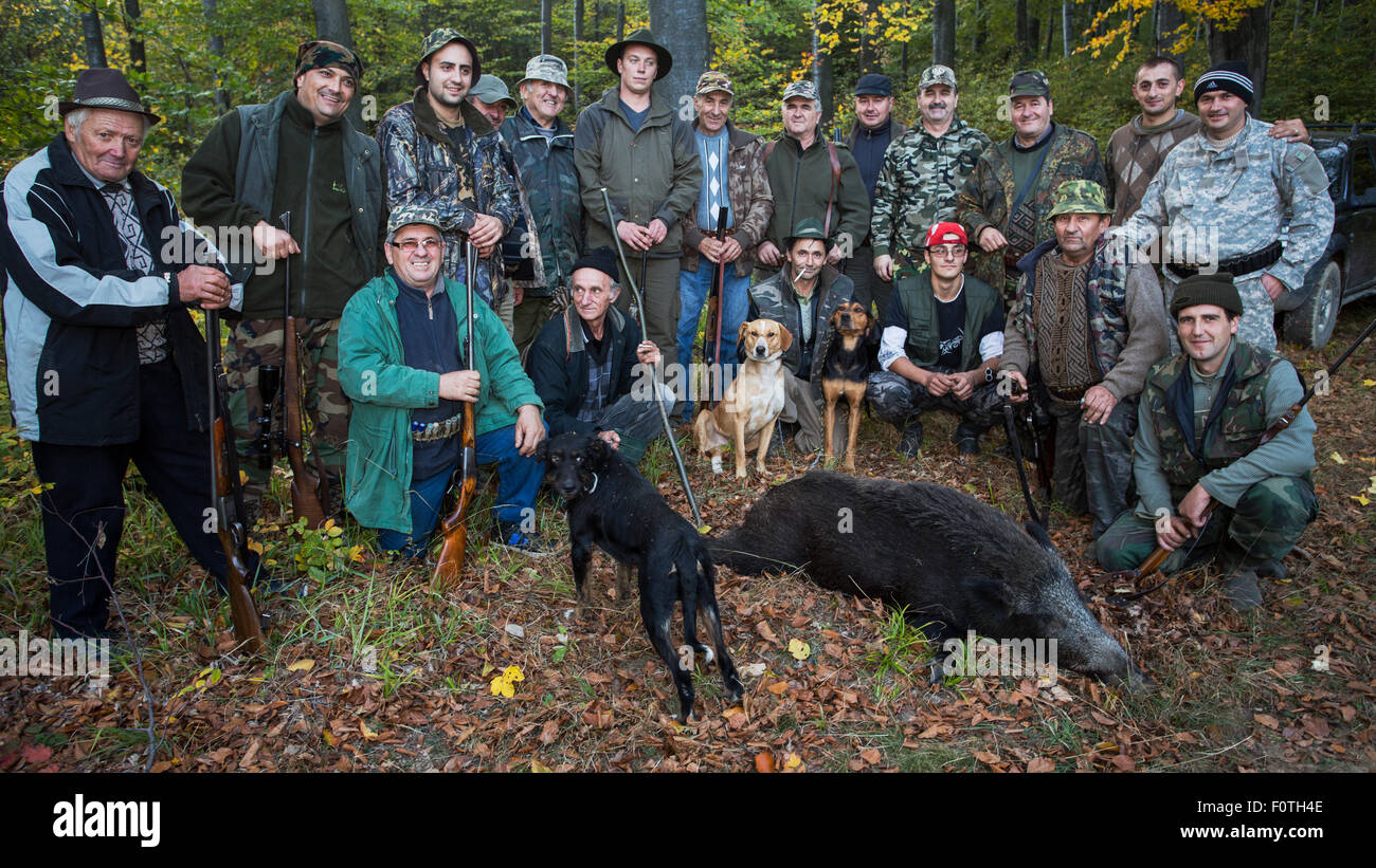 Group of Romanian hunters posing with the only Wild boar (Sus scrofa ...