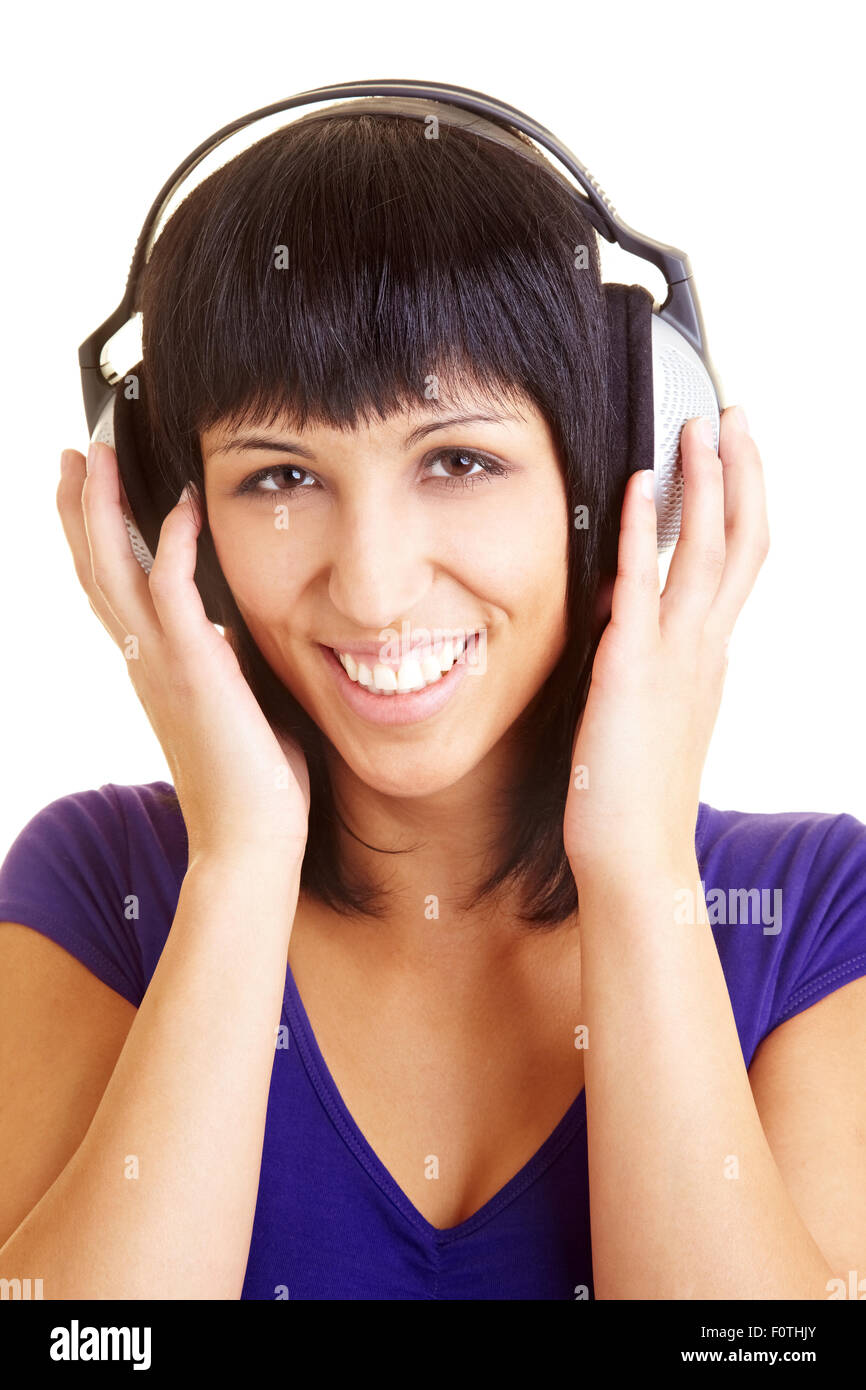 Woman with headphones listening to music Stock Photo - Alamy
