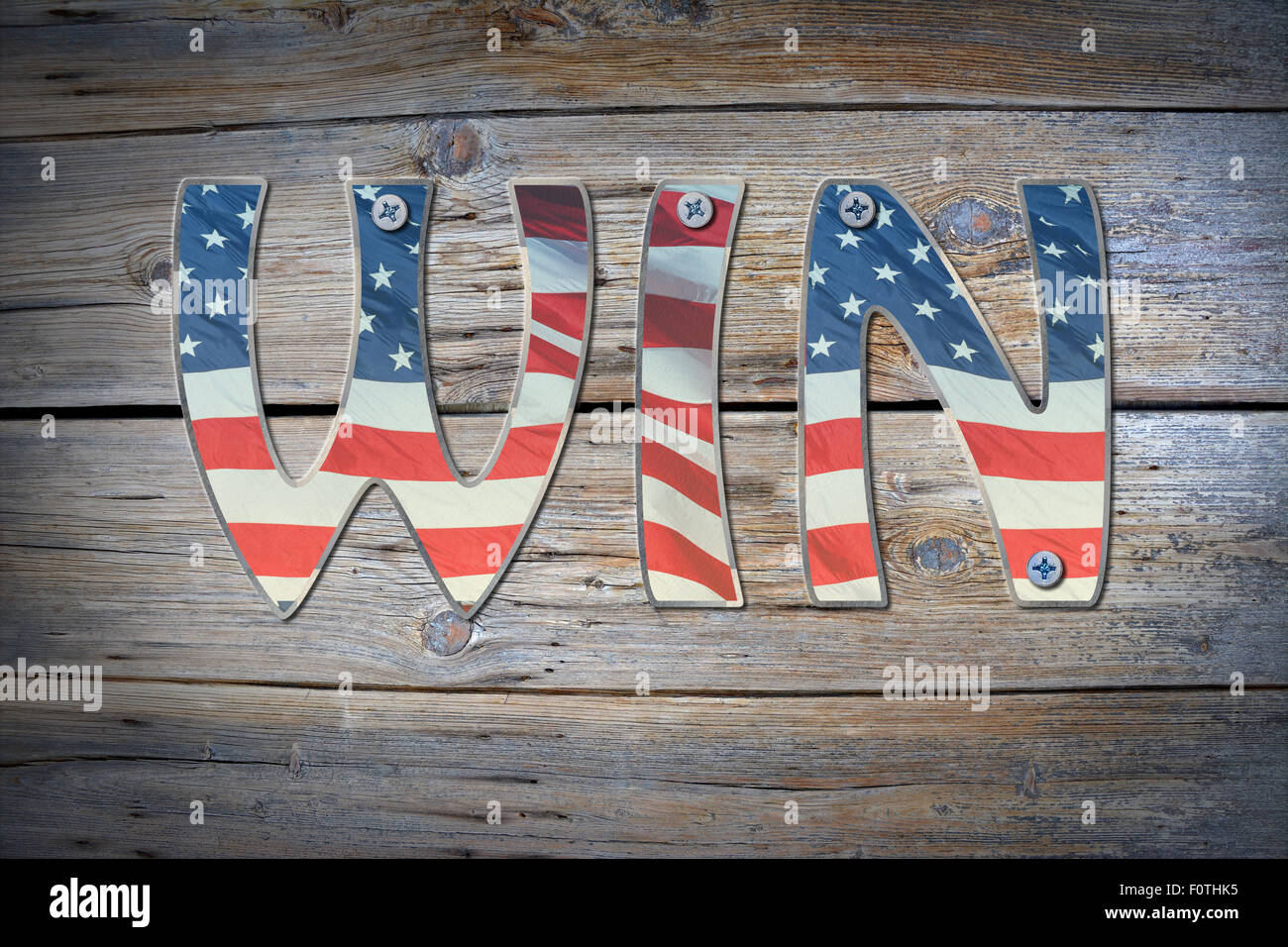 Win word with american flag on grunge wood background Stock Photo - Alamy