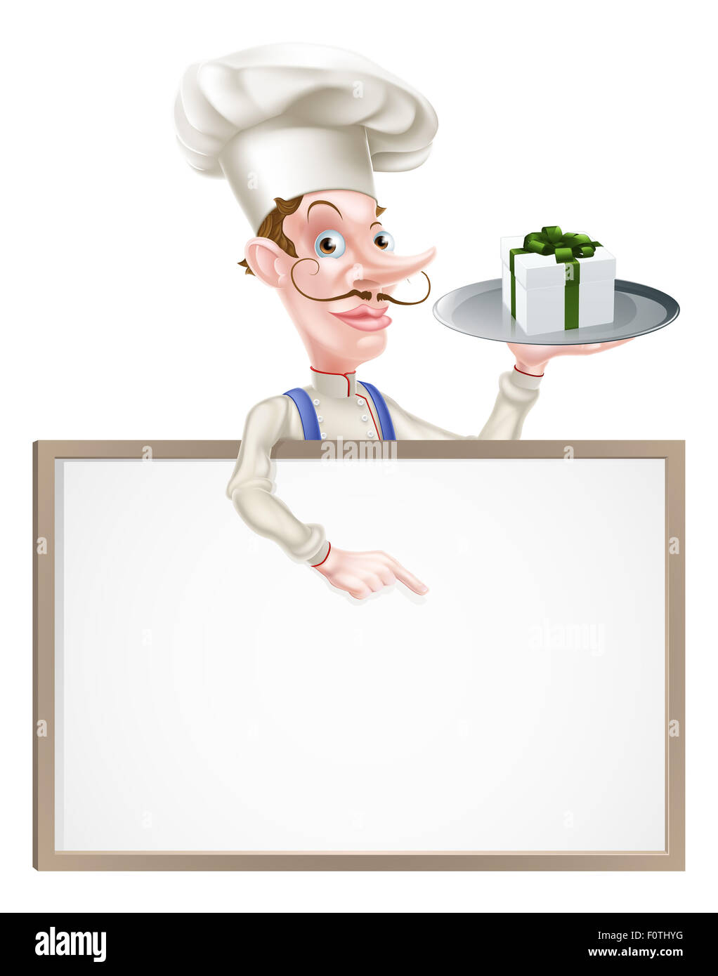 An illustration of a cartoon chef holding a tray with a gift on it and ...