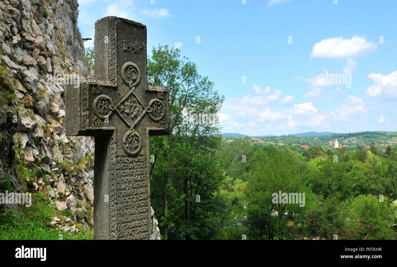 Old cross overlooking Bran, Brasov, Transylvania, Romania Stock Photo ...