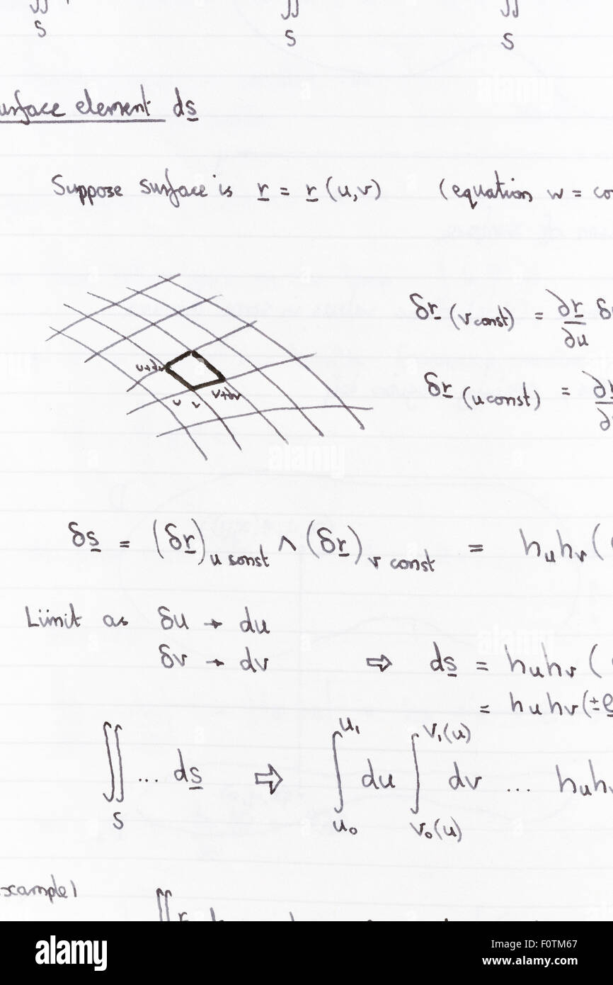 Surface integration equations and diagram for math handwritten on lined ...