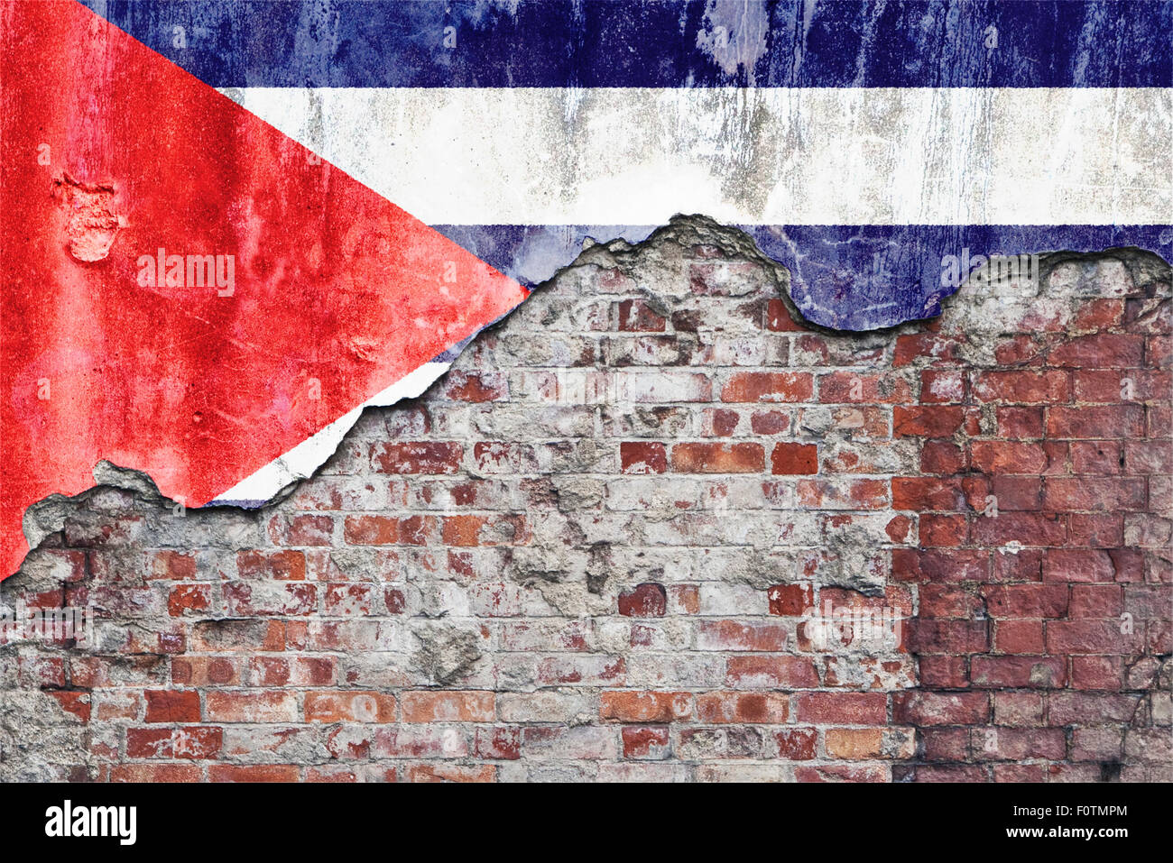 Grungy old brick wall with Cuban flag on broken render surface Stock ...