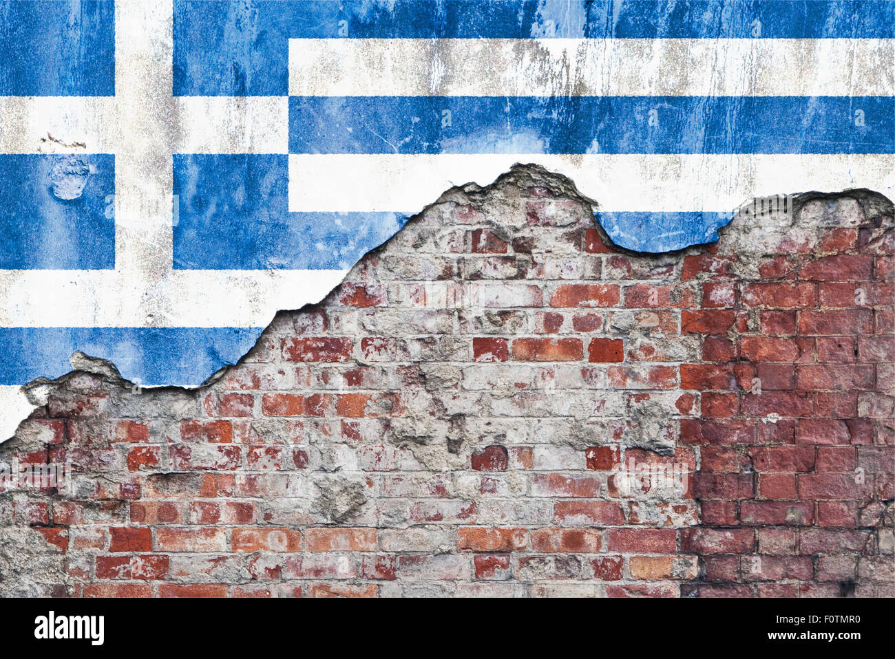 Greece wall. Grungy old brick wall with Greek flag on broken render ...