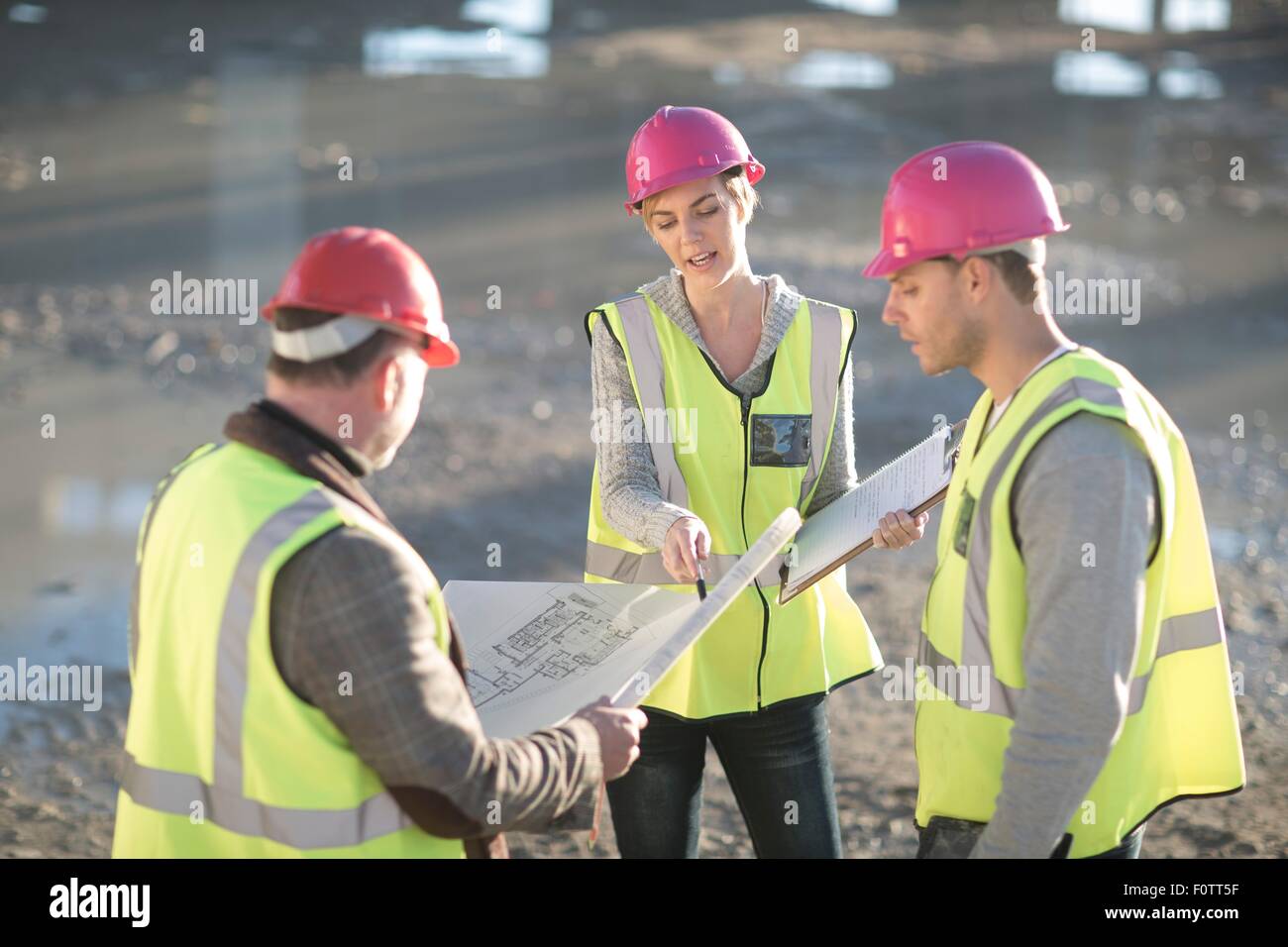 Architect and builders pointing to blueprint on construction site Stock ...
