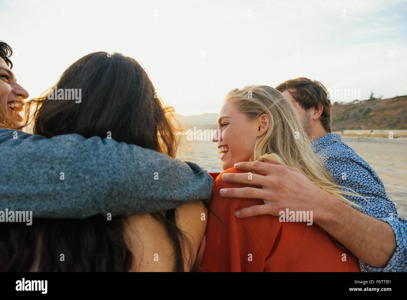Group of friends sitting together on beach, at sunset, rear view Stock ...