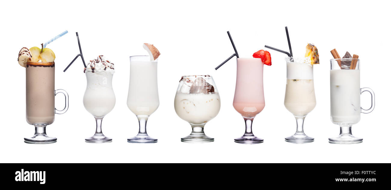 Collection of milk cocktails isolated on white Stock Photo - Alamy