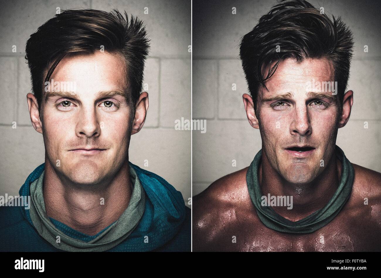 Portraits of mid adult man before and after workout Stock Photo - Alamy