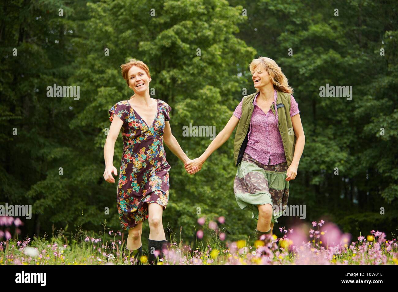 Two women holding hands and running in wildflower meadow Stock Photo ...