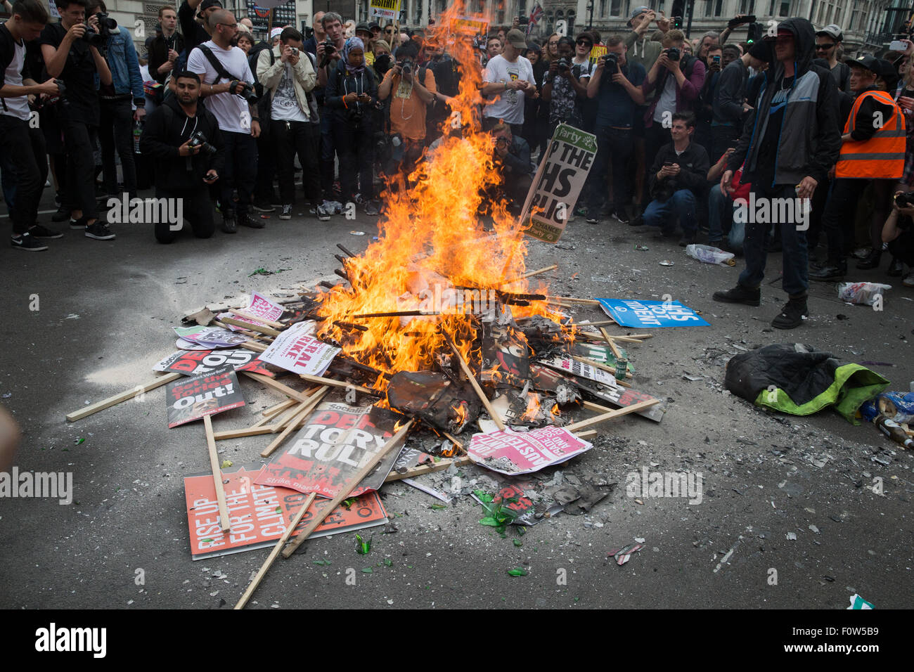 Protesters light a bonfire during the People's Assembly Anti-Austerity ...