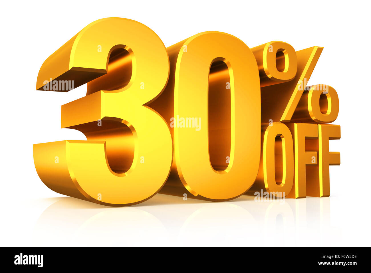 3D render gold text 30 percent off on white background with reflection ...