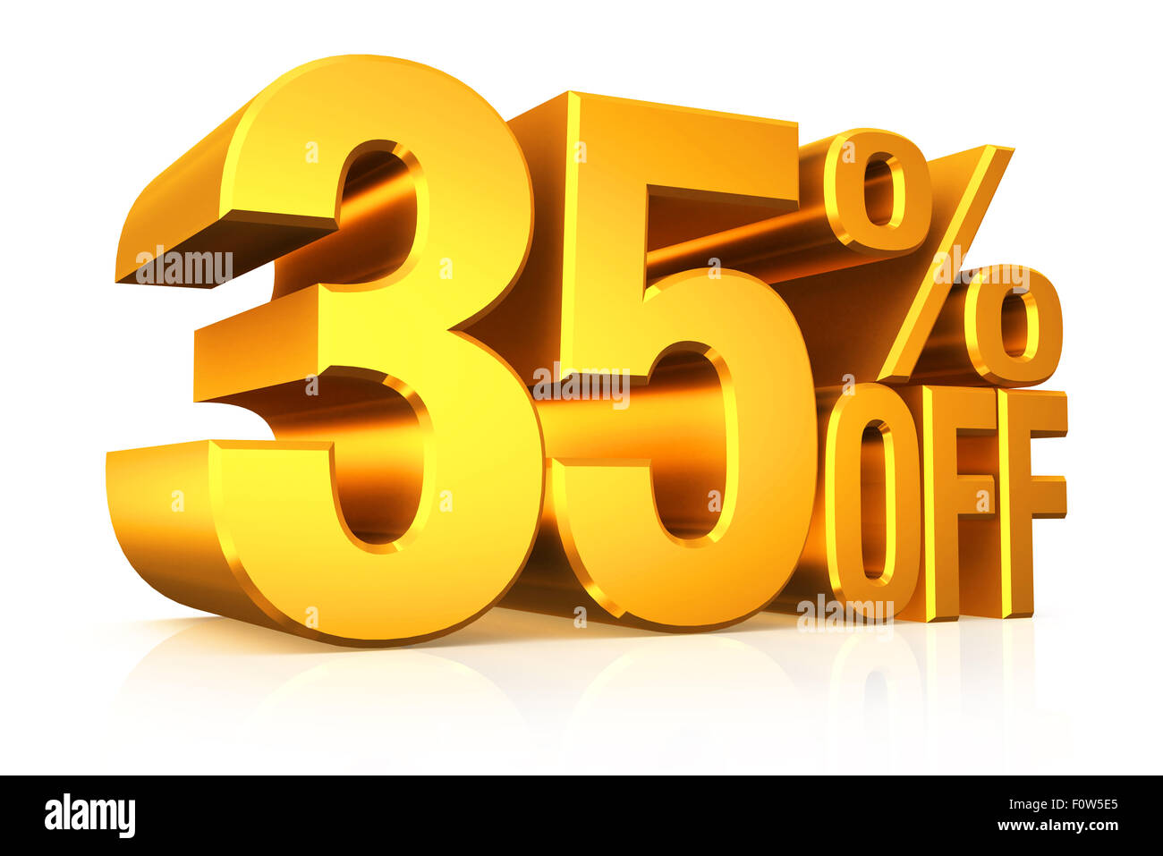 3D render gold text 35 percent off on white background with reflection ...