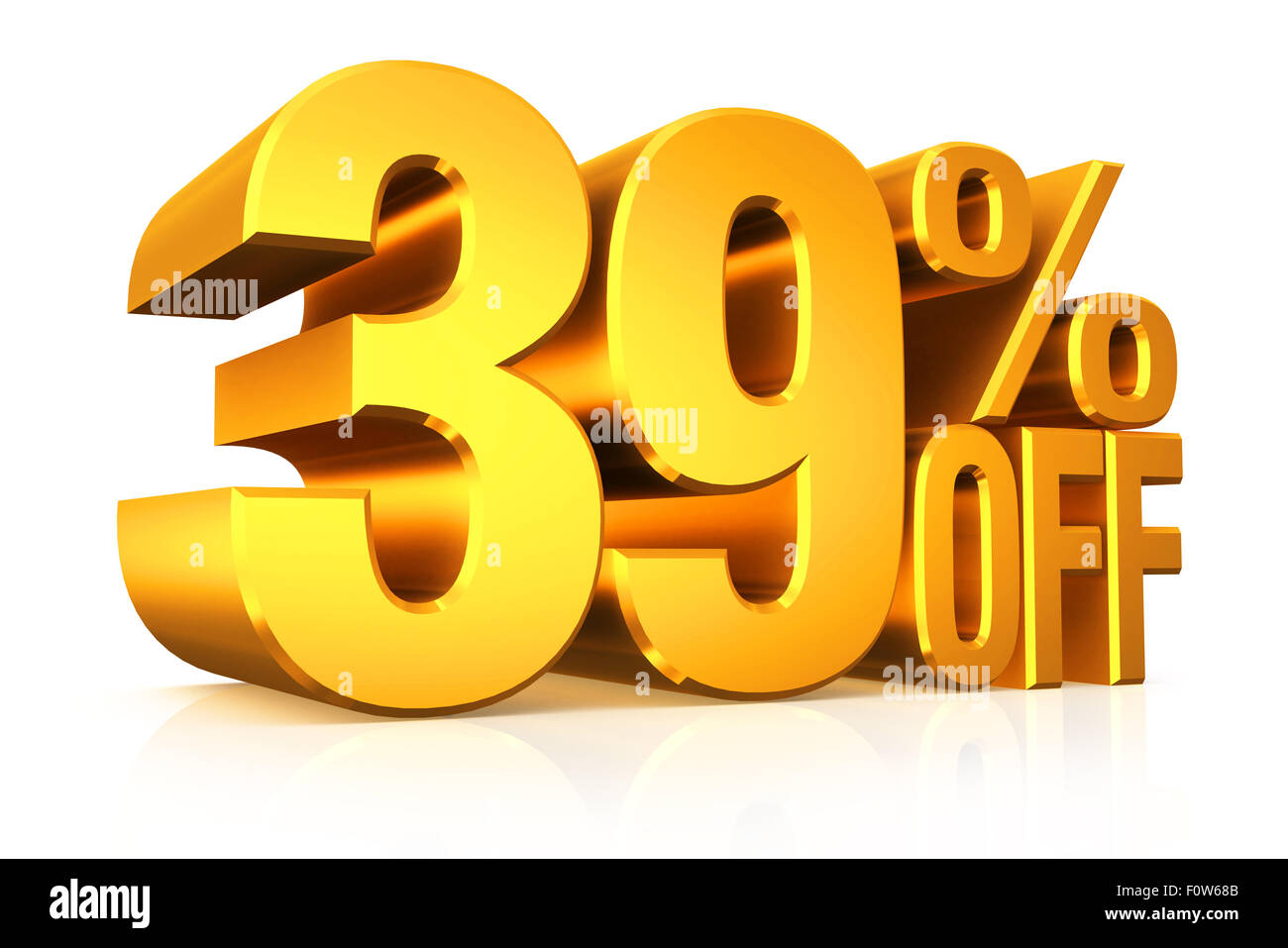 3D render gold text 39 percent off on white background with reflection ...