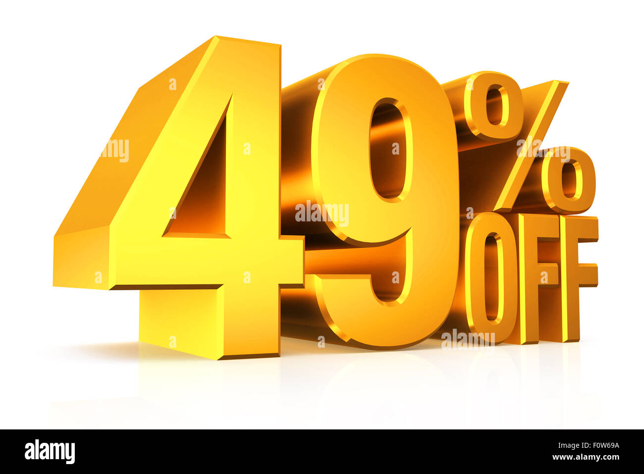 3D render gold text 49 percent off on white background with reflection ...
