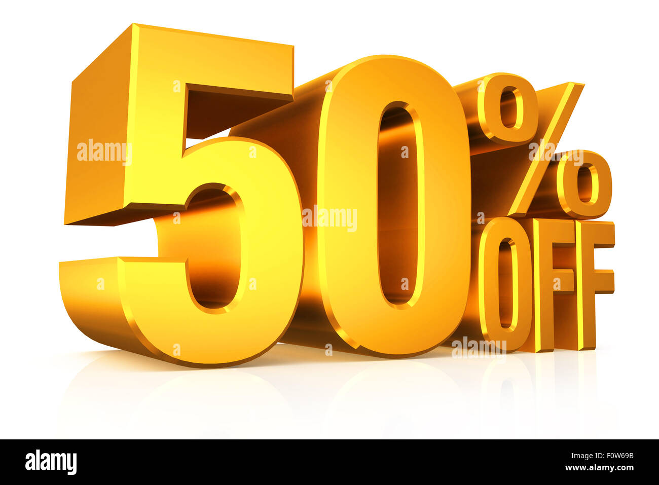 3D render gold text 50 percent off on white background with reflection Stock Photo - Alamy