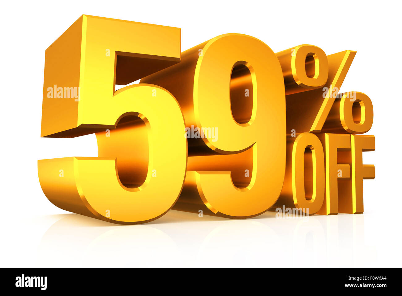 3D render gold text 59 percent off on white background with reflection ...