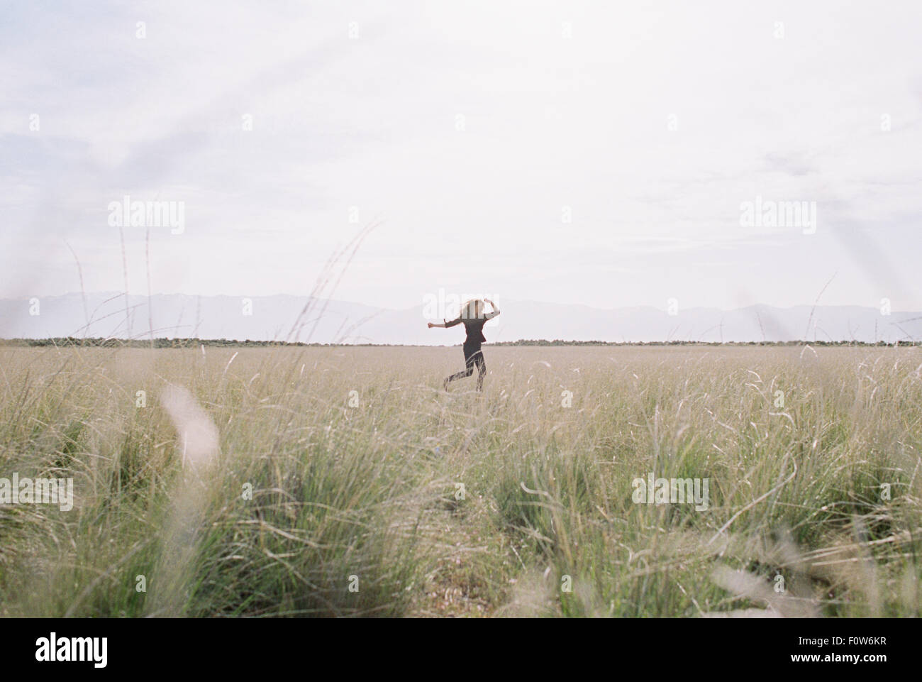 A woman running through long grass, view from a distance Stock Photo ...