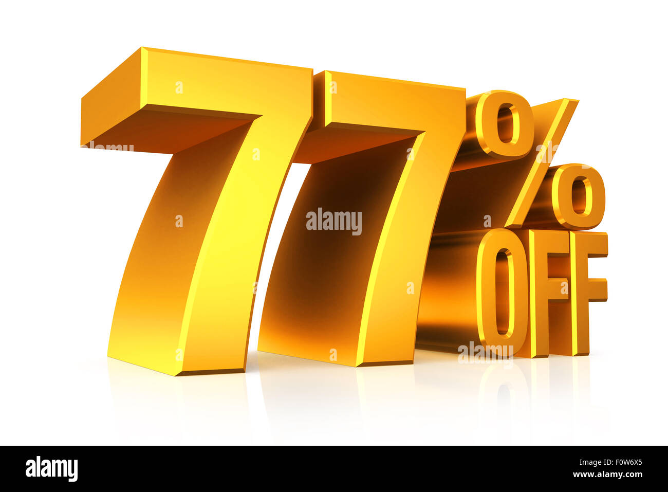 3D render gold text 77 percent off on white background with reflection ...