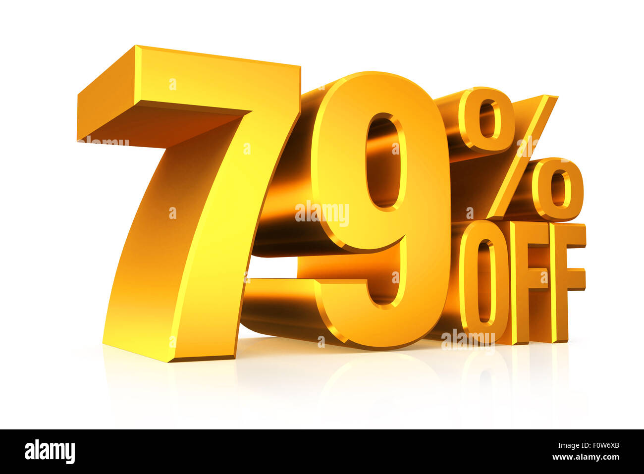 3D render gold text 79 percent off on white background with reflection ...