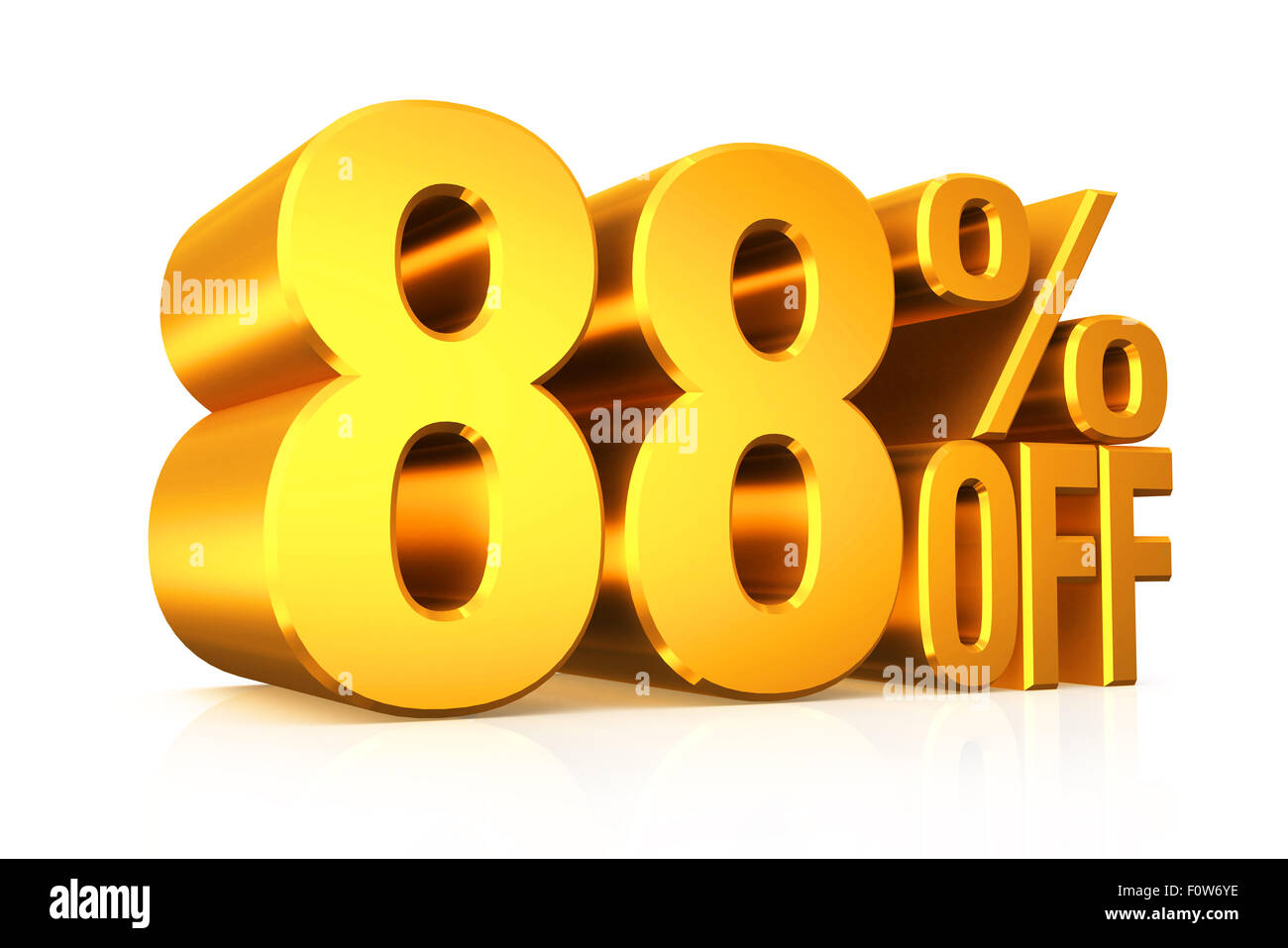 3D render gold text 88 percent off on white background with reflection ...