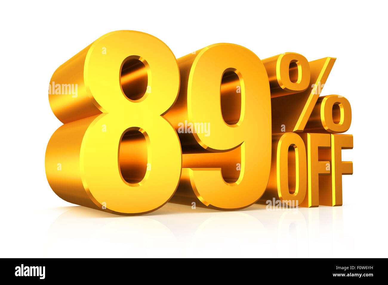 3D render gold text 89 percent off on white background with reflection ...