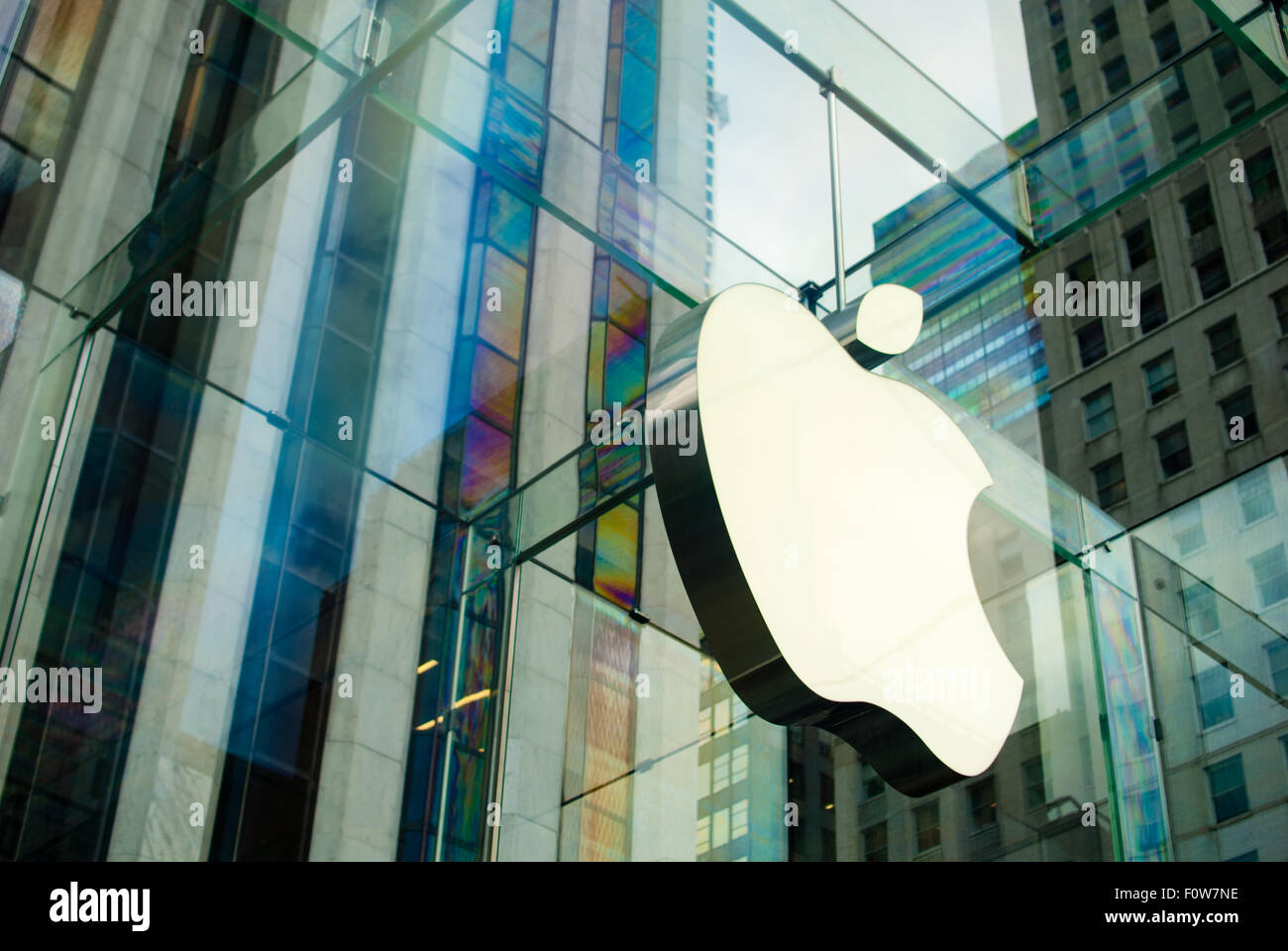 Close up shot of the Apple sign at the Apple Store in New York City ...