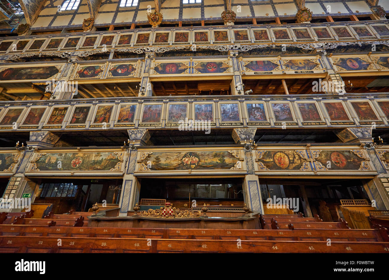 Interior shot of magnificently decorated wooden Protestant Church of ...
