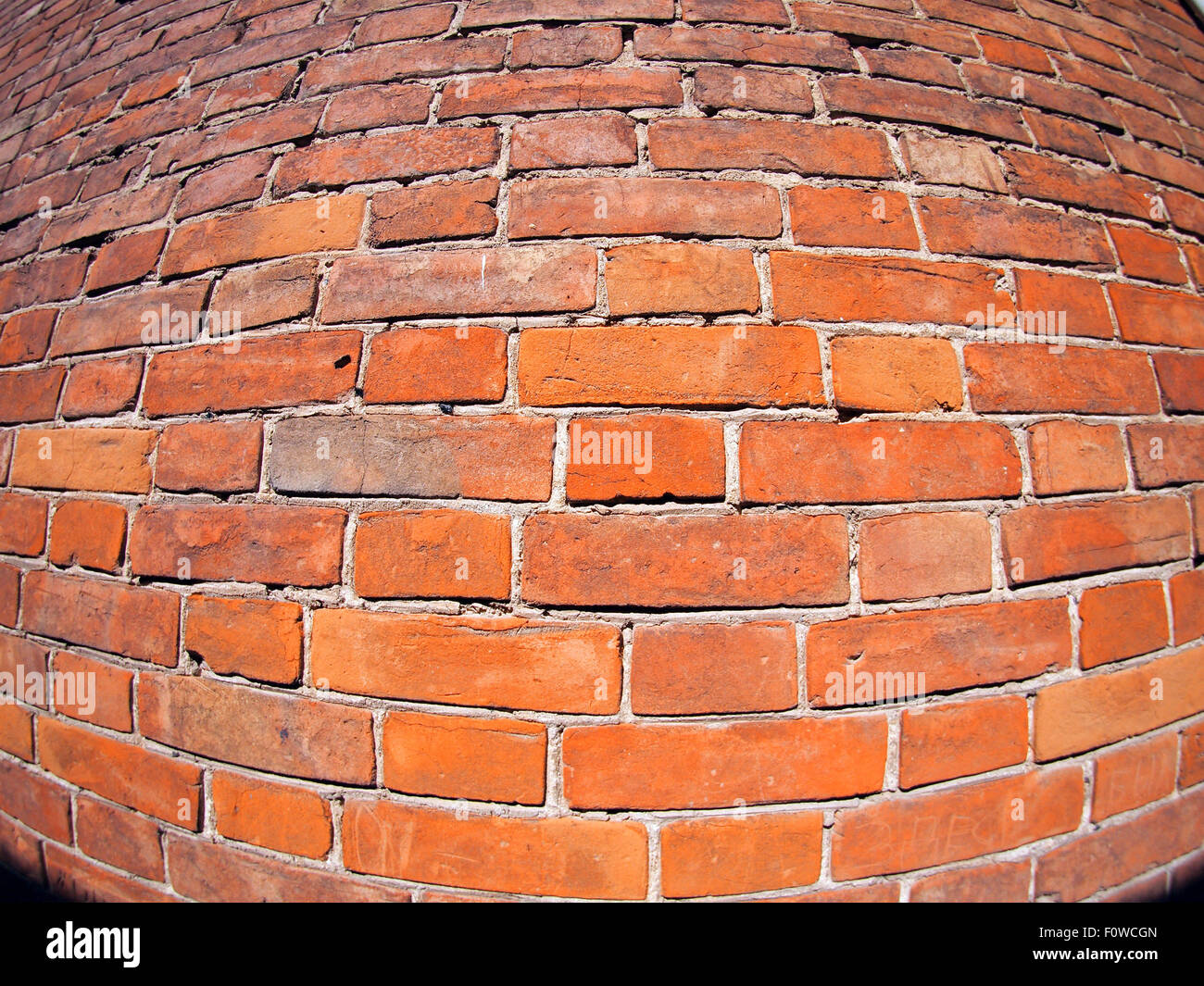 Red brick wall with distortion lens and wide angle fisheye view Stock Photo - Alamy