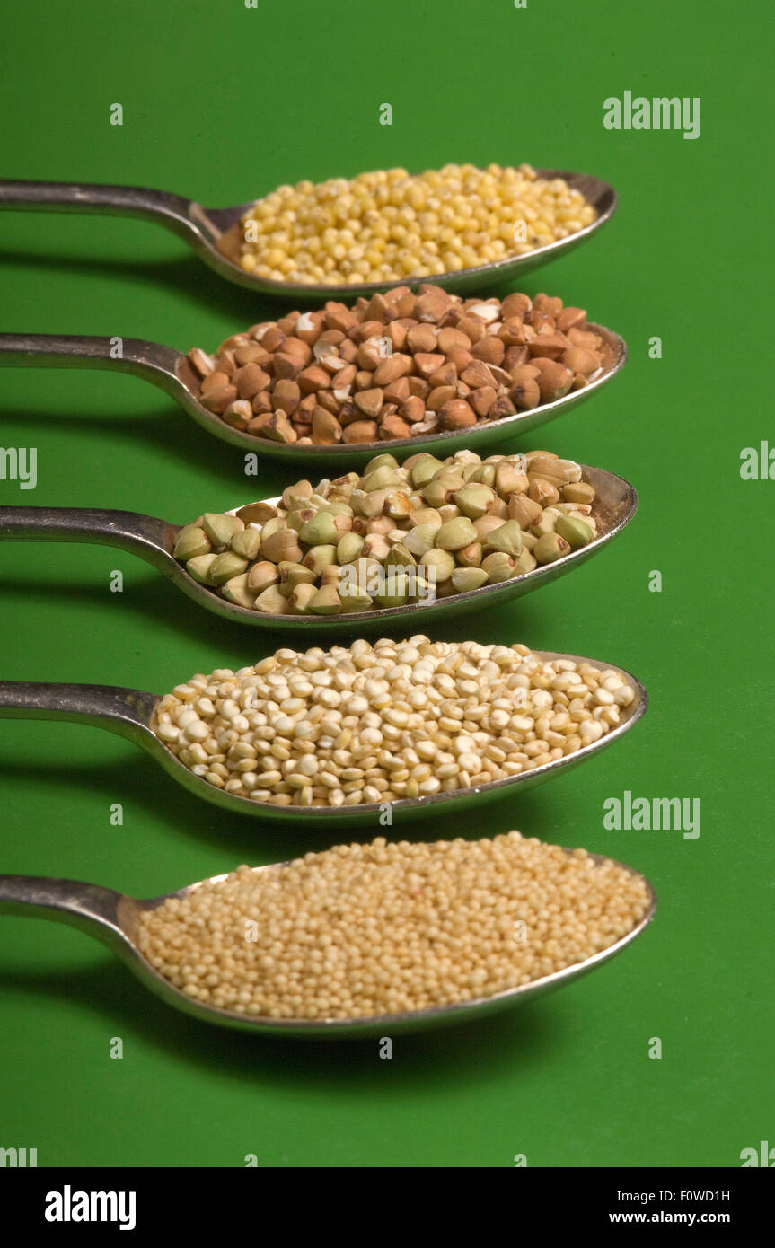 A selection of edible grains including,top to bottom,millet,roast ...