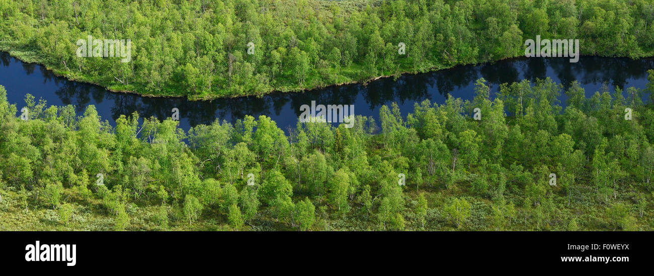 Aerial view of river flowing through taiga, Sjaunja Bird Protection ...
